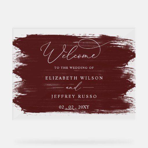 Burgundy Brush Strokes Wedding Welcome Sign | Zazzle