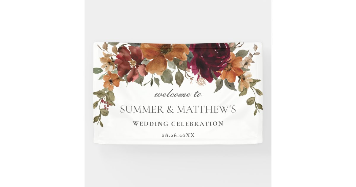 Burgundy Burnt Orange Rust Floral Wedding Backdrop Banner | Zazzle