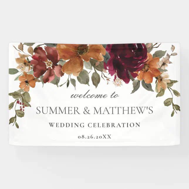 Burgundy Burnt Orange Rust Floral Wedding Backdrop Banner | Zazzle