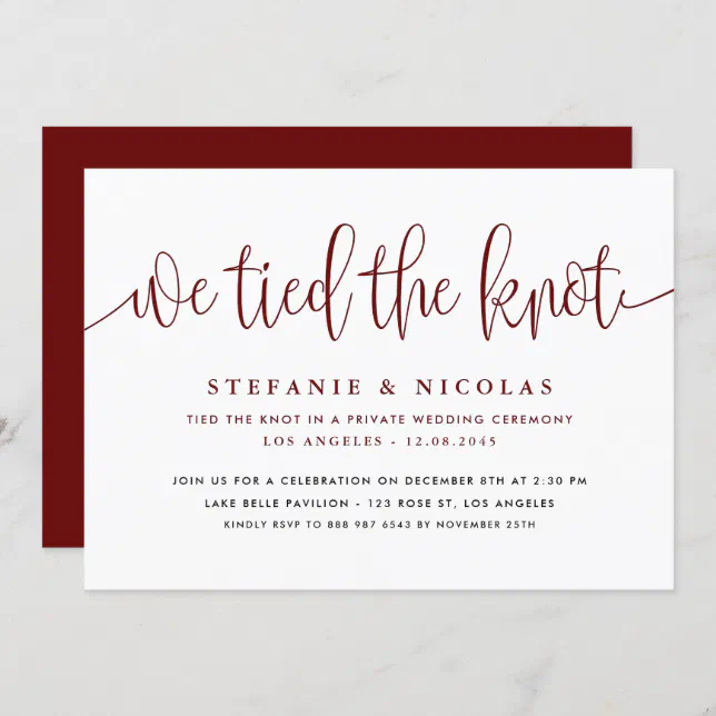 Burgundy Calligraphy We Tied The Knot Wedding Invitation | Zazzle