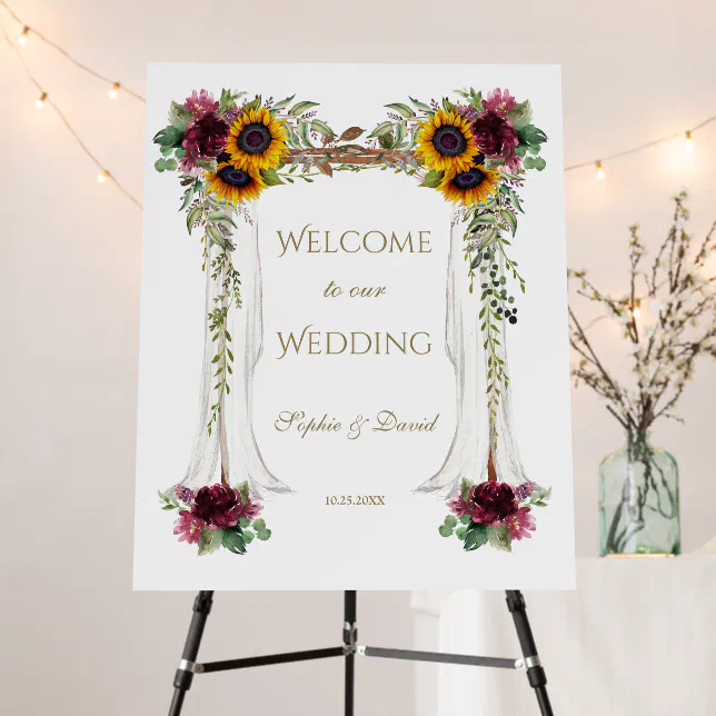 Burgundy Canopy Sunflowers Wedding Welcome Sign | Zazzle