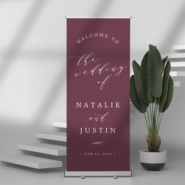 Burgundy | Chic Calligraphy Wedding Welcome Retractable Banner | Zazzle