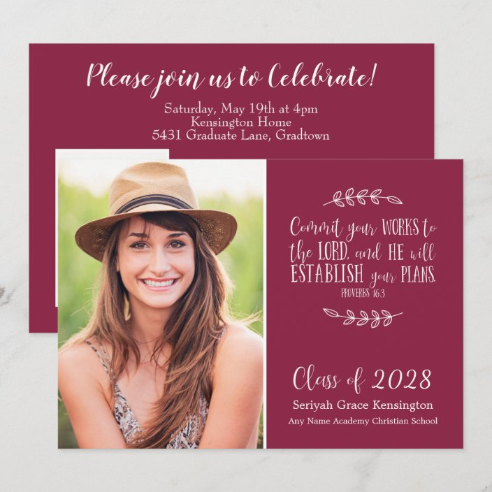 Burgundy Christian Verse Graduation Photo Invitation | Zazzle.com