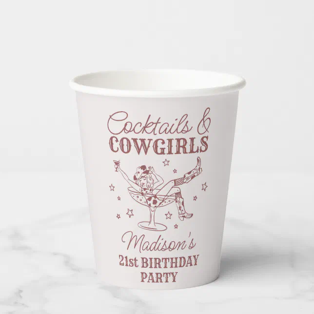 Burgundy Cocktails and Cowgirls Rodeo Birthday Paper Cups | Zazzle