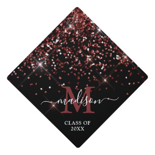 Burgundy Confetti Monogram Graduation Cap Topper | Zazzle