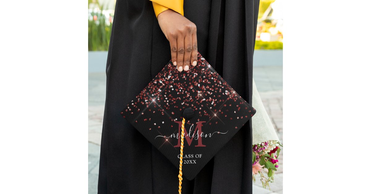 Burgundy Confetti Monogram Graduation Cap Topper | Zazzle