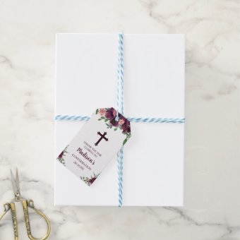 Burgundy Cross Floral Watercolor Confirmation Gift Tags | Zazzle