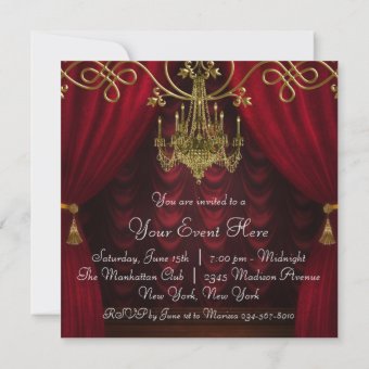 Burgundy Curtains Red Gold Chandelier Party Invitation | Zazzle