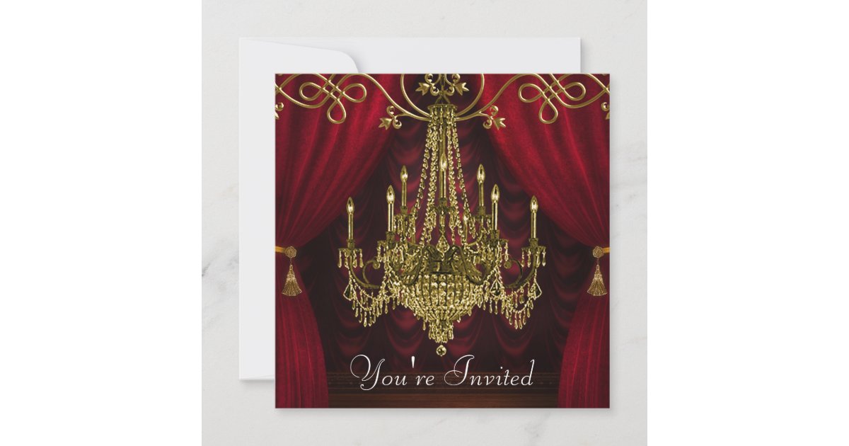 Burgundy Curtains Red Gold Chandelier Party Invitation | Zazzle