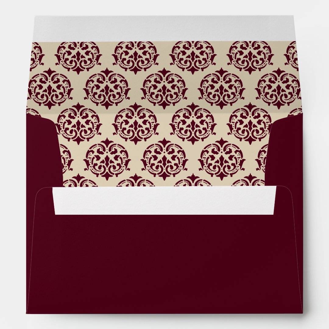 Burgundy Damask Pattern Wedding Envelope | Zazzle
