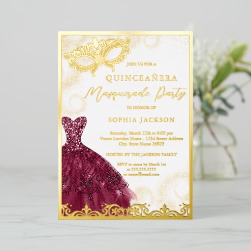 Burgundy Dress Gold Masquerade Party Quinceanera Foil Invitation | Zazzle
