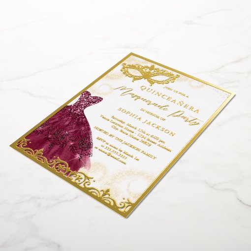 Burgundy Dress Gold Masquerade Party Quinceanera Foil Invitation | Zazzle