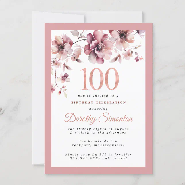 Burgundy Dusty Pink Floral 100th Birthday Invitation Zazzle