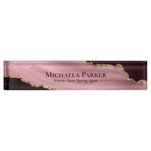 Burgundy Dusty Rose Pink Gold Agate Geode Desk Name Plate | Zazzle