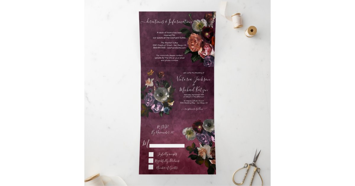 Burgundy Dutch Master Floral Dark & Moody Wedding Tri-Fold Invitation ...