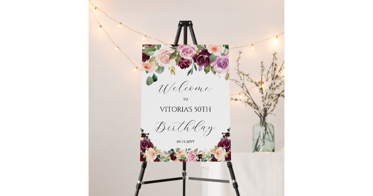 Burgundy Elegant Adult Birthday Party Welcome Sign | Zazzle