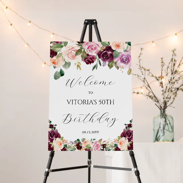 Burgundy Elegant Adult Birthday Party Welcome Sign | Zazzle