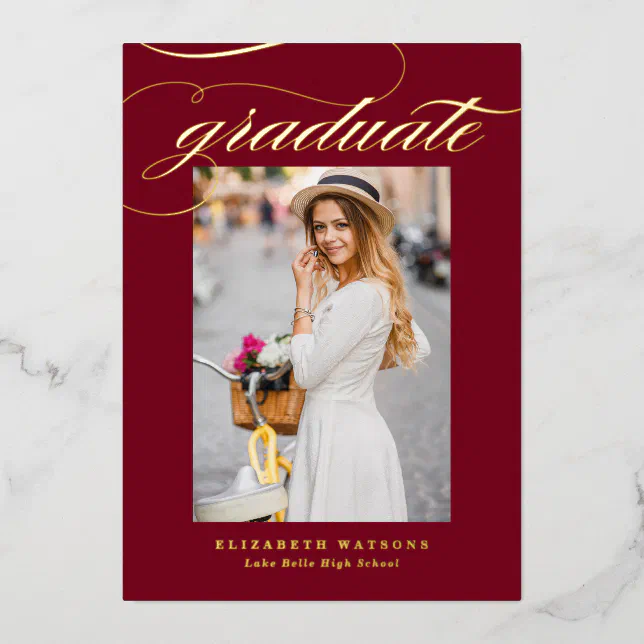 Burgundy Elegant Calligraphy Photo Graduation Gold Foil Invitation | Zazzle