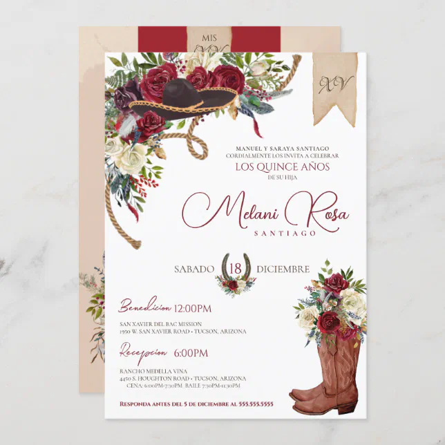 Burgundy Elegant Charro Spanish Quinceanera Invitation | Zazzle