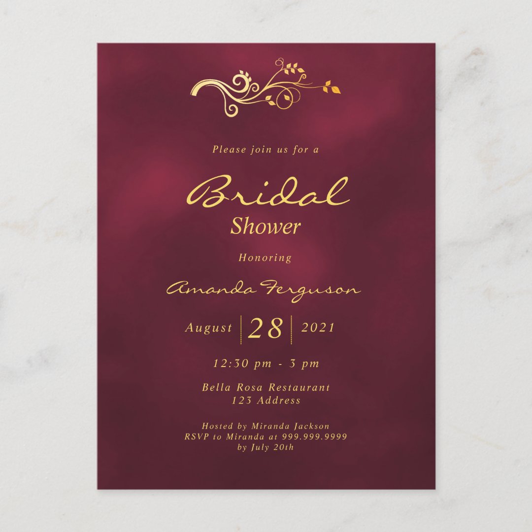 Burgundy elegant classic bridal shower invitation postcard | Zazzle