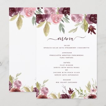 Burgundy Elegant Flowers Floral Wedding Reception Menu | Zazzle
