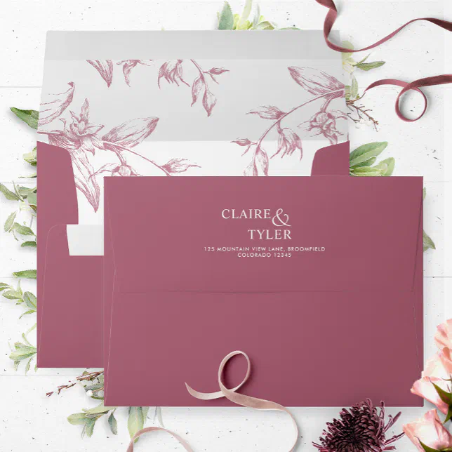 Burgundy Elegant Modern Formal, Floral Wedding Envelope | Zazzle