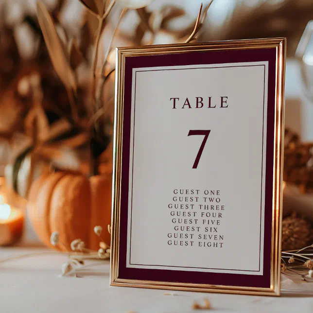 Burgundy Elegant Simple Minimal Border Wedding Table Number | Zazzle