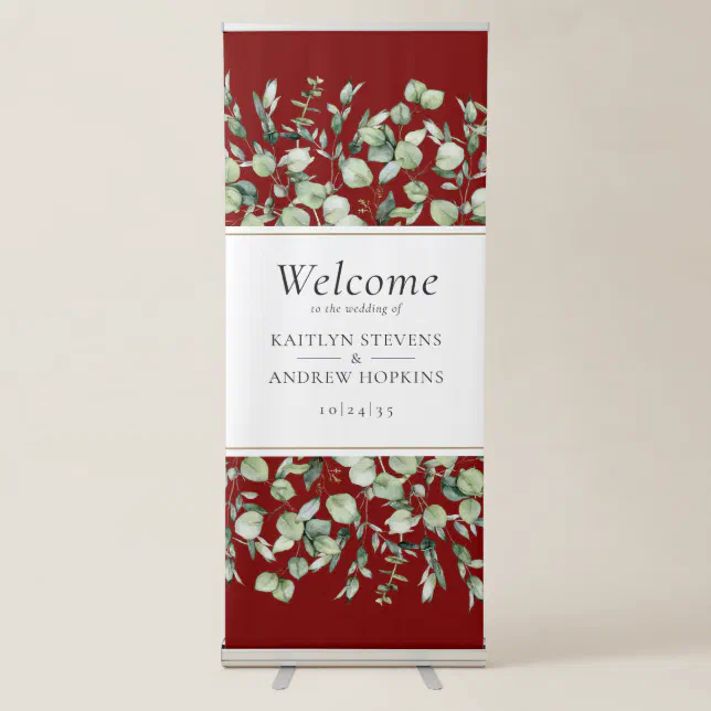 Burgundy Eucalyptus Wedding Welcome Retractable Banner | Zazzle