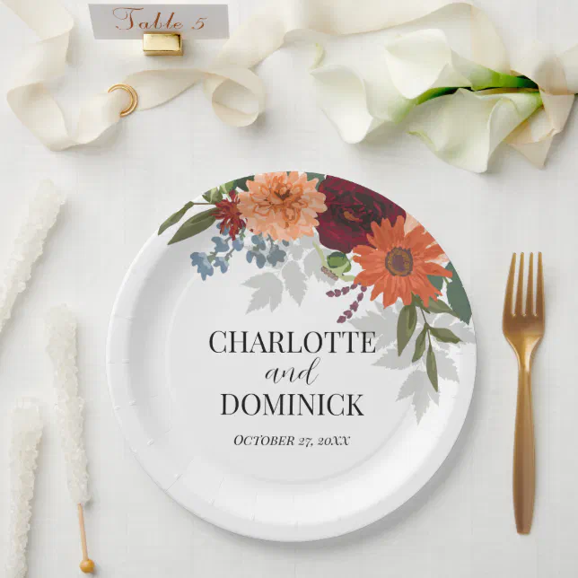Burgundy Fall Garden Floral Wedding Paper Plates | Zazzle