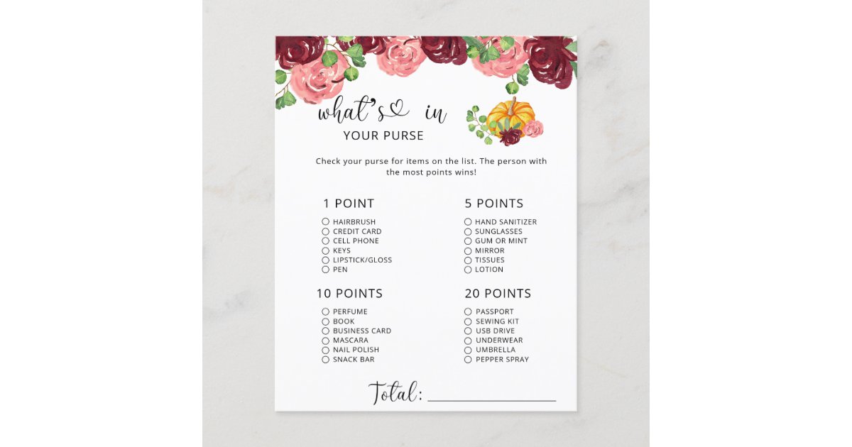 Burgundy fall whats in your purse baby shower game | Zazzle