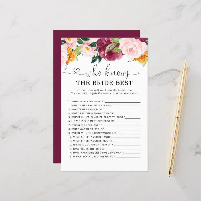 Burgundy fall Who knows the bride best game | Zazzle