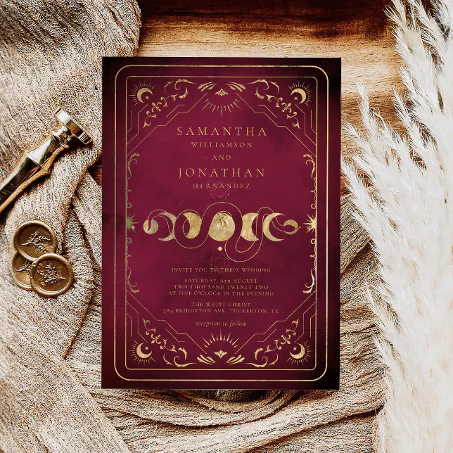 Burgundy & Faux Gold Tarot Celestial Wedding Invitation | Zazzle