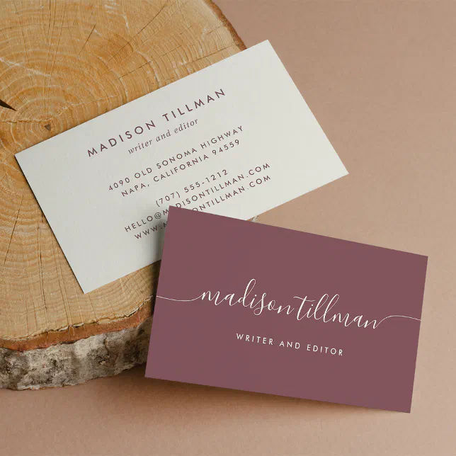 Burgundy Fig & Ivory Modern Calligraphy Script Business Card | Zazzle