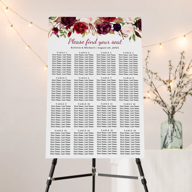 Burgundy Floral 16 Tables Wedding Seating Chart Foam Board | Zazzle