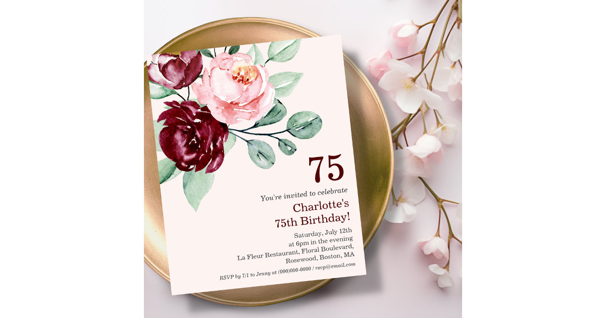 Burgundy Floral 75th Budget Birthday Invitation | Zazzle