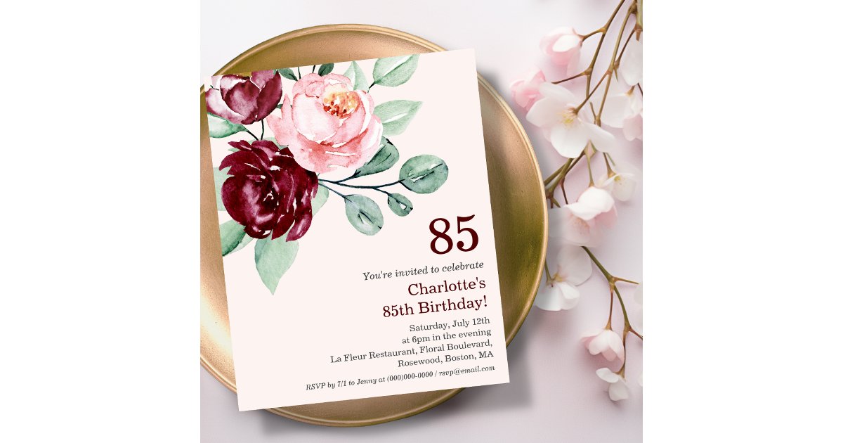 Burgundy Floral 85th Budget Birthday Invitation | Zazzle
