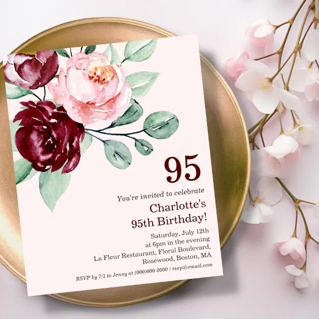 Burgundy Floral 95th Budget Birthday Invitation | Zazzle