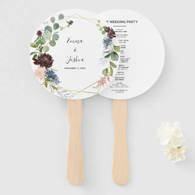 Burgundy Floral and Greenery Wedding Hand Fan | Zazzle