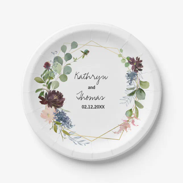 Burgundy Floral and Greenery Wedding Paper Plates | Zazzle