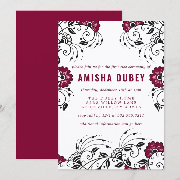 Burgundy Floral Annaprashan First Rice Ceremony Invitation | Zazzle