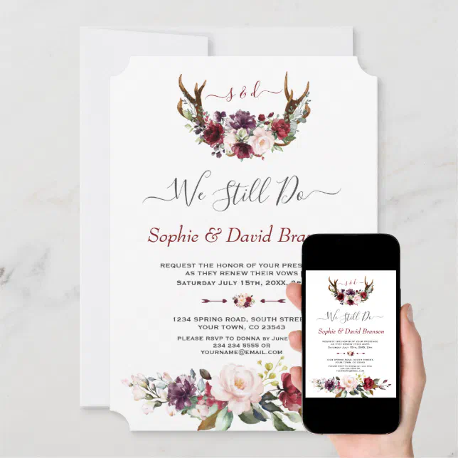 Burgundy Floral Antlers Calligraphy WE STILL DO Invitation | Zazzle