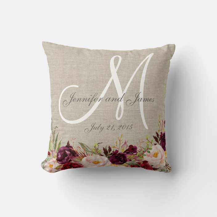 Burgundy Floral Beige Linen Monogram Wedding Throw Pillow | Zazzle.com