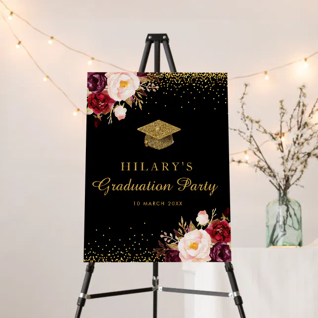 Burgundy floral black graduation welcome sign | Zazzle