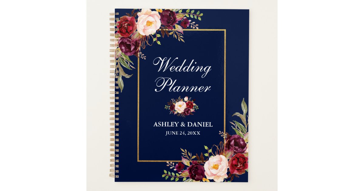 Burgundy Floral Blue Gold Wedding Planner | Zazzle