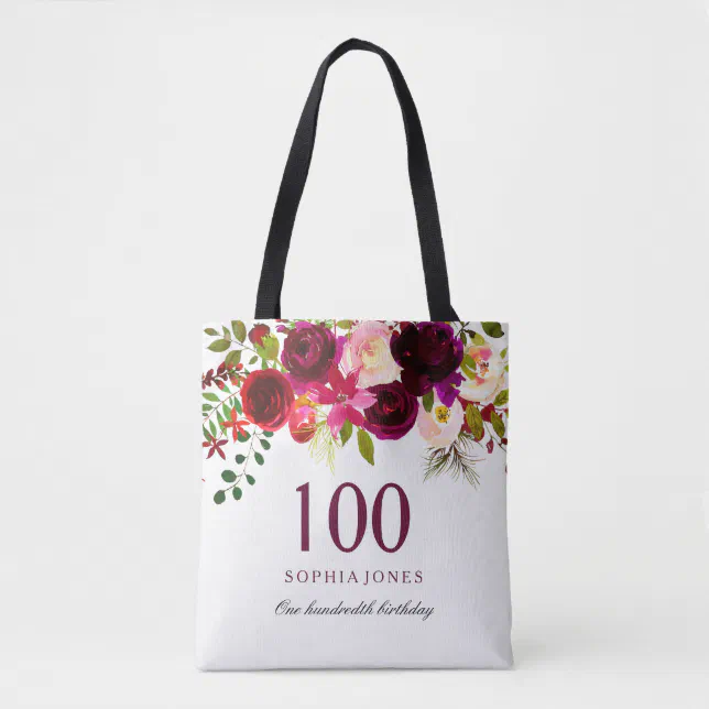 Burgundy Floral Boho 100th Birthday Party Tote Bag | Zazzle