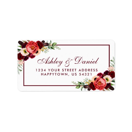 Burgundy Floral Boho Wedding Address Label | Zazzle.com