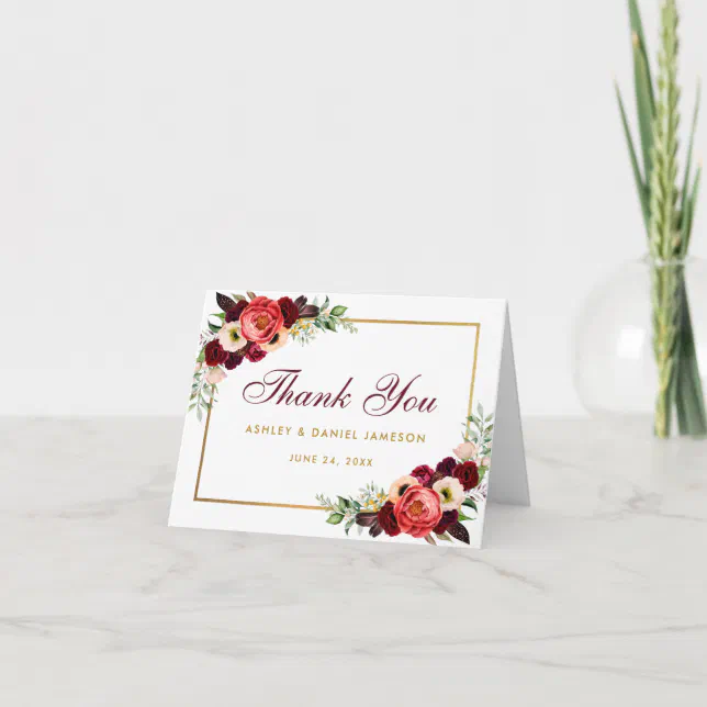 Burgundy Floral Boho Wedding Thanks Note Card | Zazzle