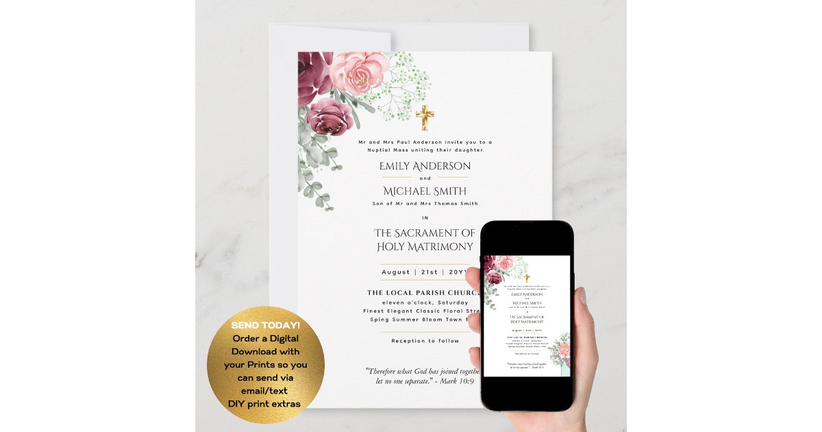 Burgundy Floral Catholic Nuptial Mass Wedding Invitation | Zazzle