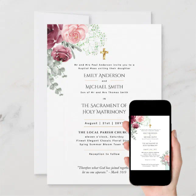 Burgundy Floral Catholic Wedding Nuptial Mass Invitation | Zazzle