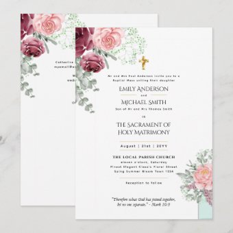 Burgundy Floral Catholic Wedding Nuptial Mass Invitation | Zazzle
